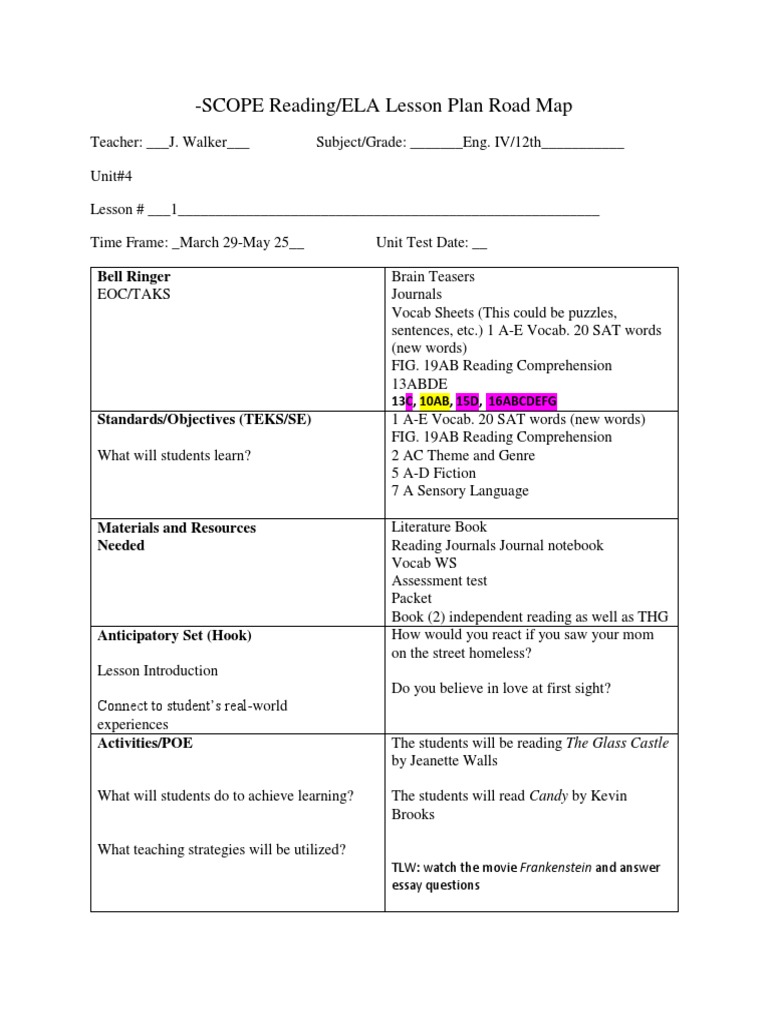 SCOPE Reading/ELA Lesson Plan Road Map: Bell Ringer | PDF | Reading ...