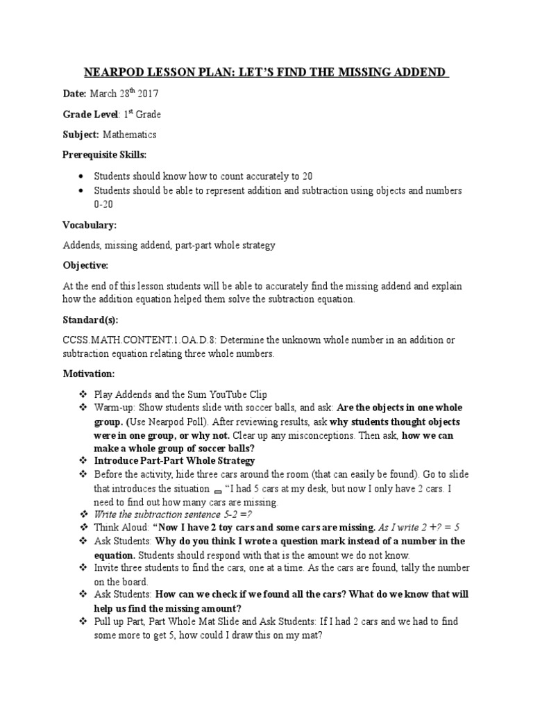 Missing Addend Lesson Plan | PDF | Cognition | Learning