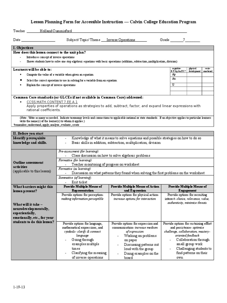 Inverse Operations Lesson Plan | PDF | Equations | Learning