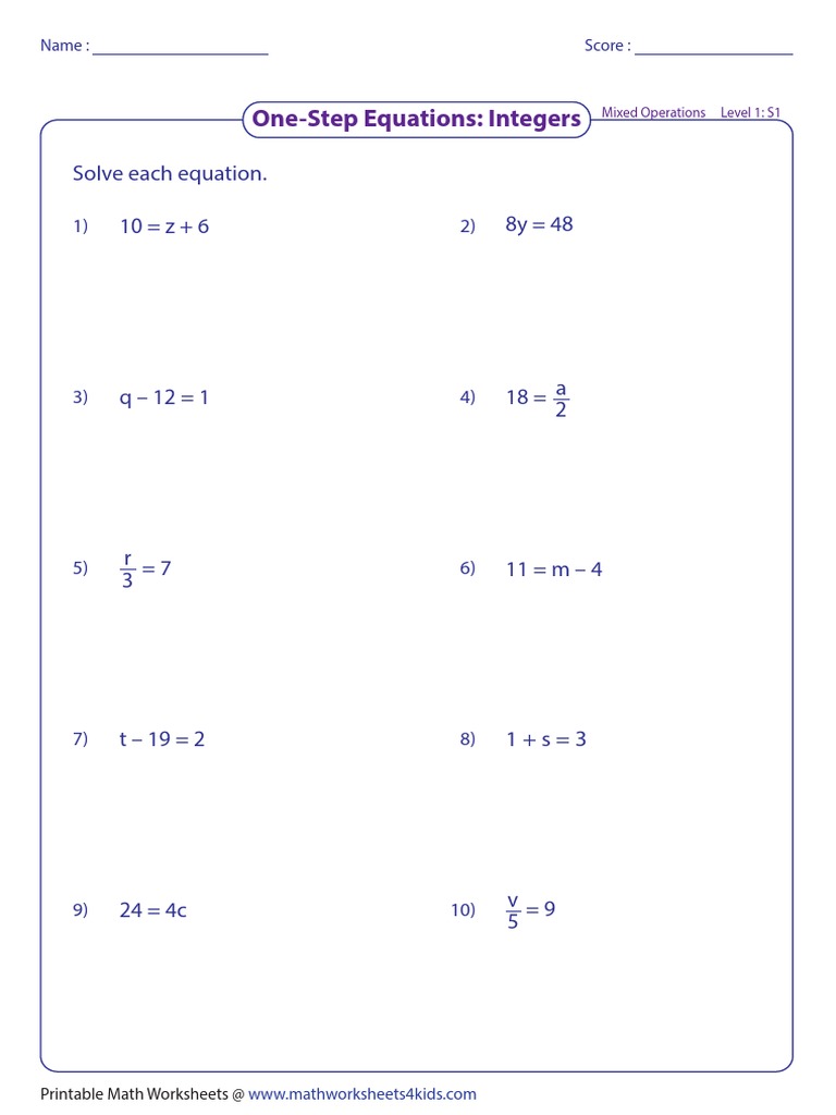 One-Step Equations Worksheet PDF | PDF
