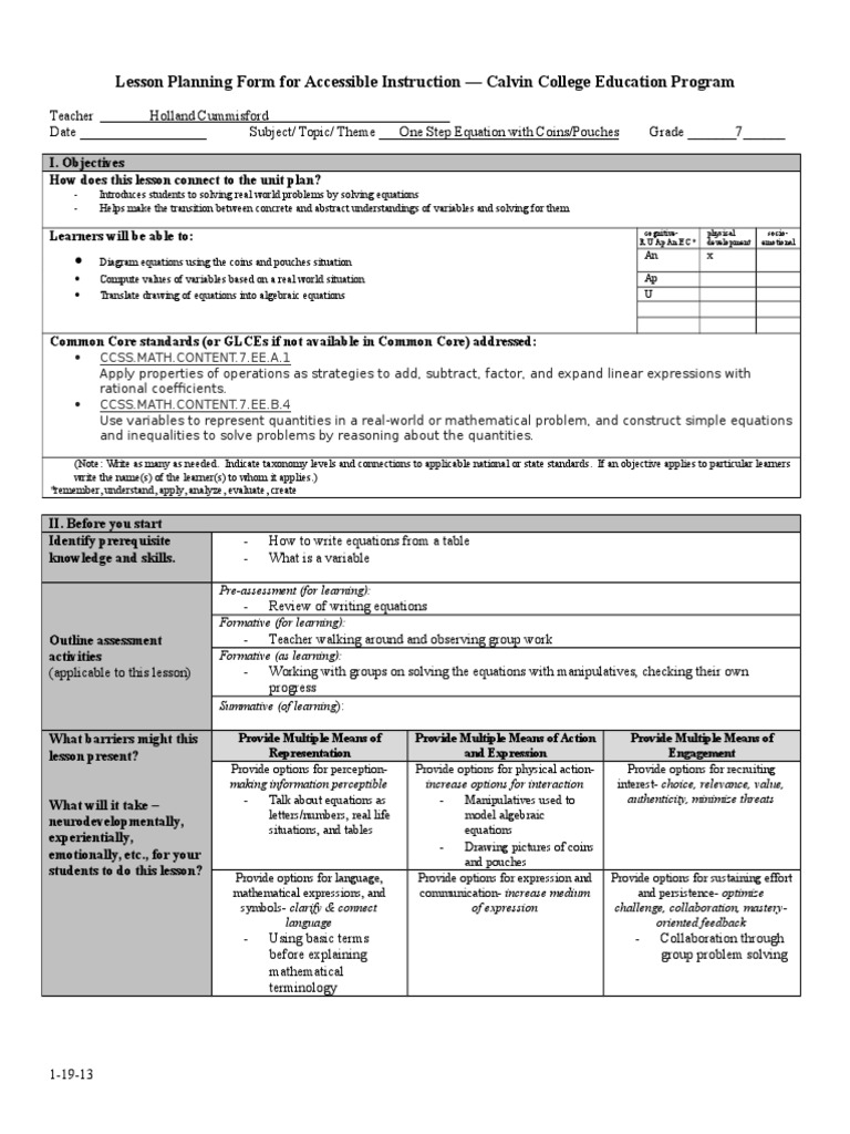 Coins and Pouches Lesson Plan | PDF | Equations | Common Core State ...