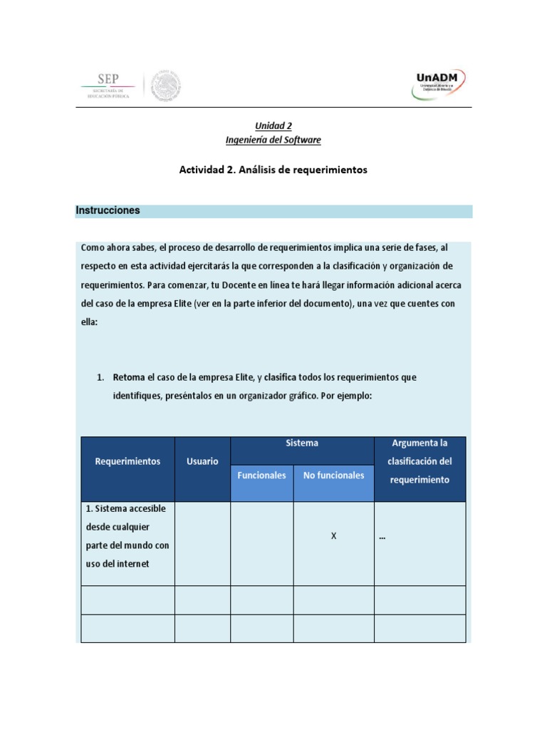 Actividad 2 Unidad 2 Análisis de Requerimientos | Software | Informática