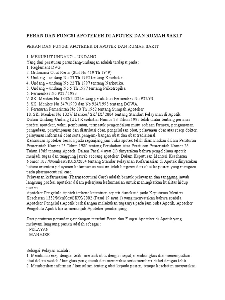 Peran Dan Fungsi Apoteker Di Apotek Dan Rumah Sakit Pdf