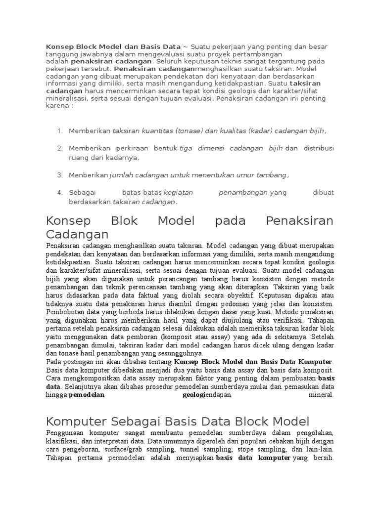 Konsep Block Model dalam Penaksiran Cadangan | PDF | Sains & Matematika ...