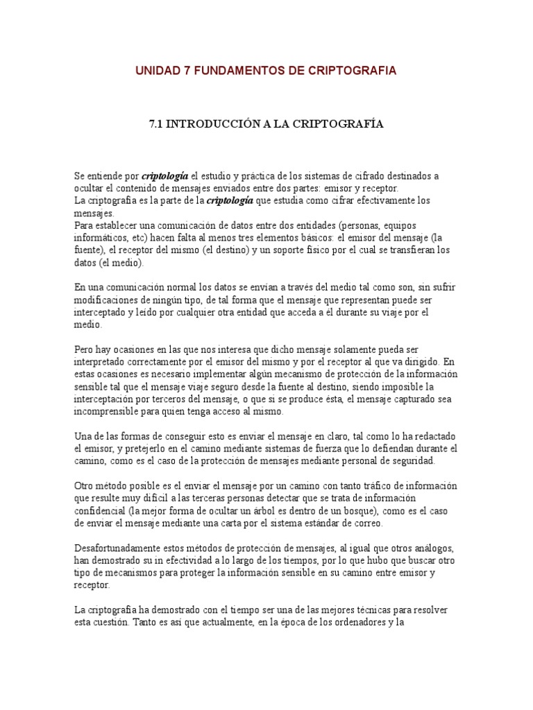 Unidad 7 Fundamentos de Criptografia | PDF | Clave (criptografía) | Criptografía