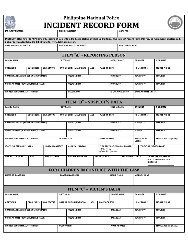 Revised Incident Record Form PNP PDF | PDF | National Security | Law ...
