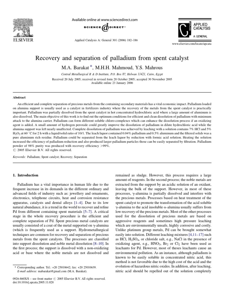 Recovery and Separation of Palladium From Spent Catalyst | PDF ...