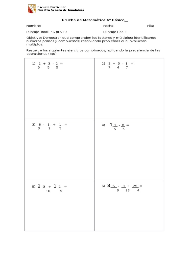 Prueba de Matemática Fracciones | PDF | Fracción (Matemáticas ...