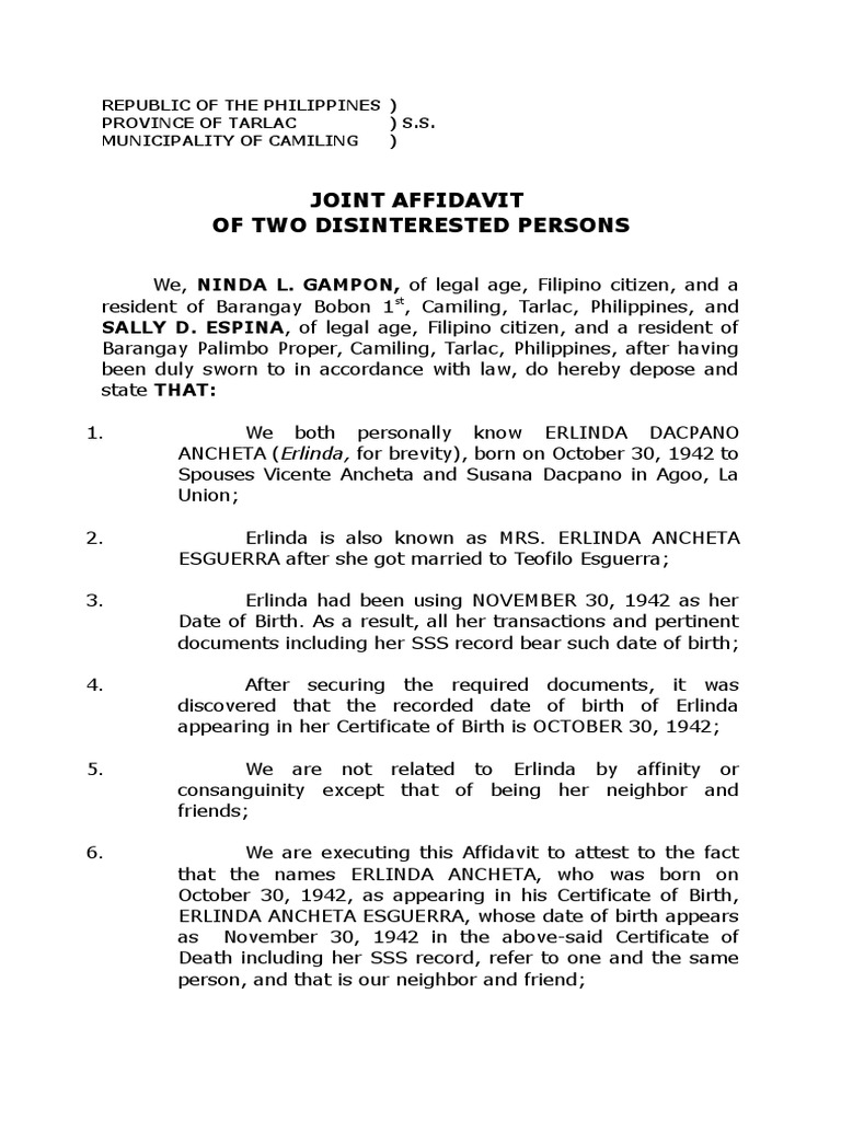 Joint Affidavit - Erlinda (Dob) | PDF | Affidavit | Official Documents