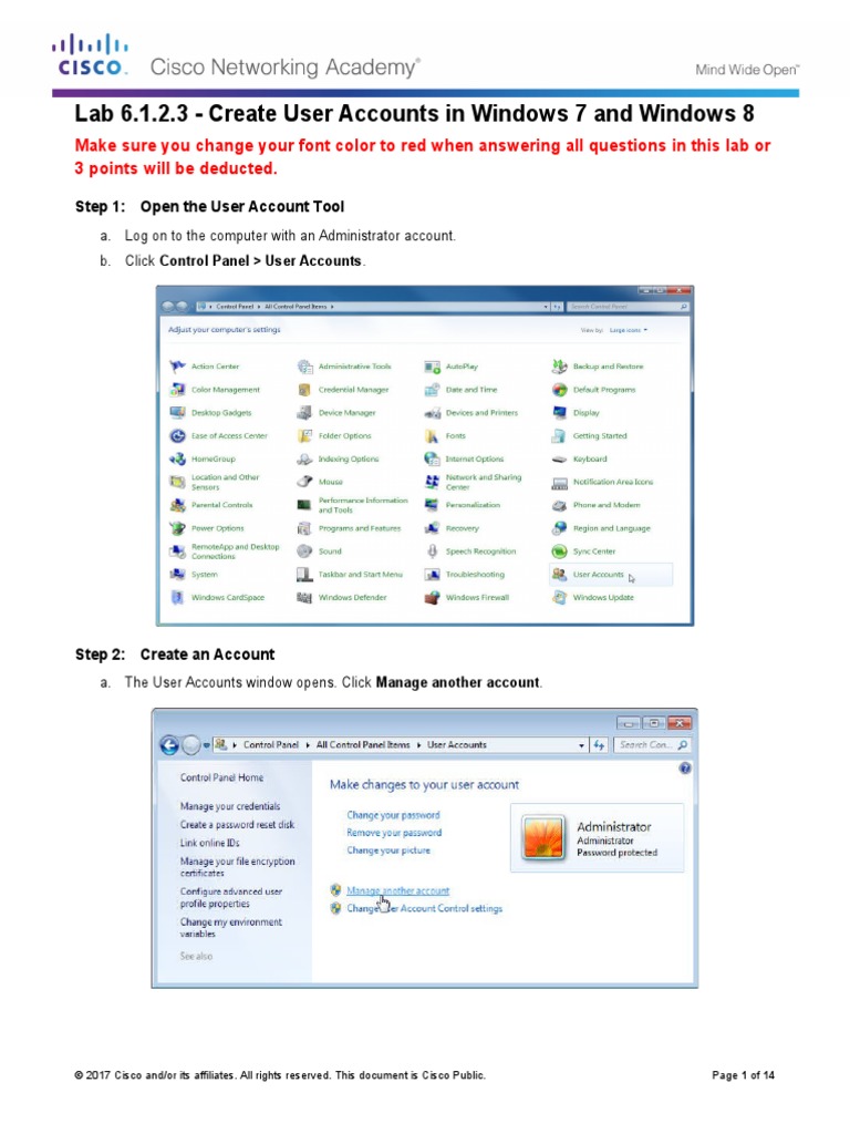 Lab 6.1.2.3 - Create User Accounts in Windows 7 and Windows 8.1 | PDF | Windows 7 | Windows Vista