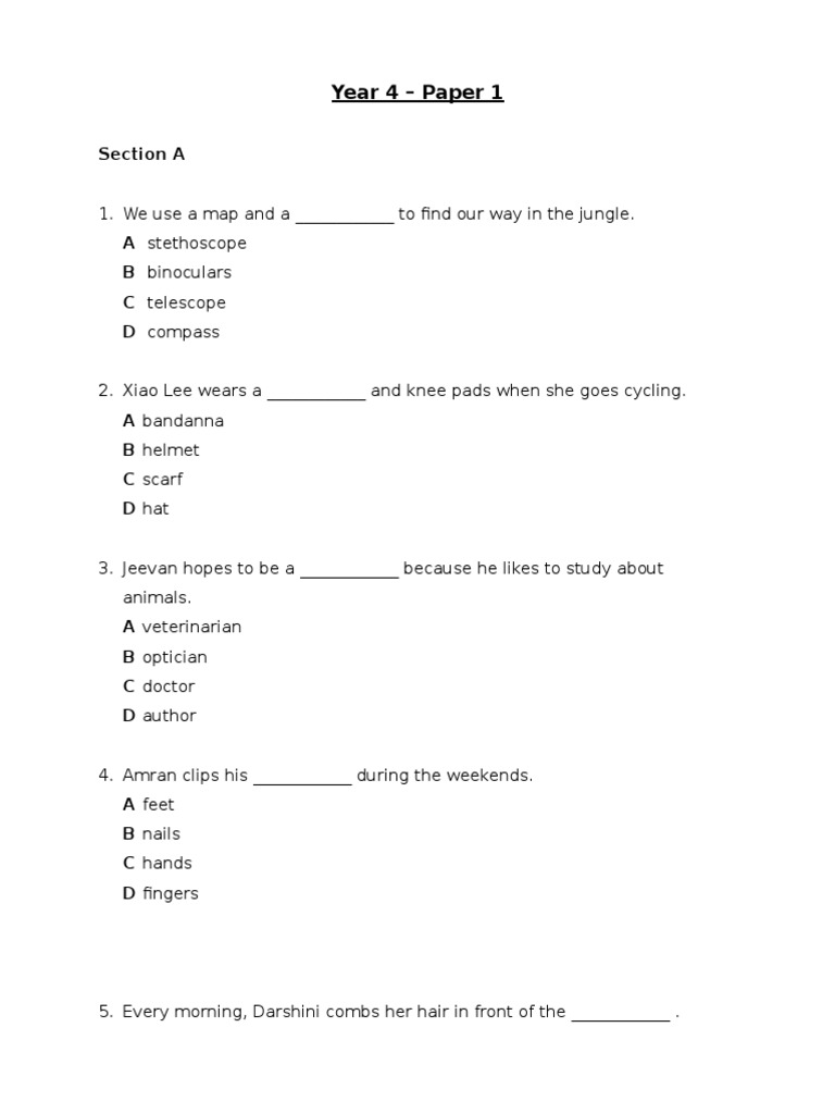 English Year 4 - Paper 1 | PDF | Food And Drink | Nature