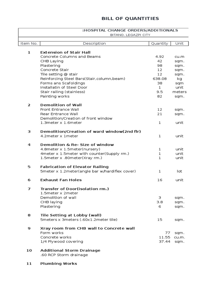 Hospital Change Orders Bill of Quantities | PDF | Wall | Building