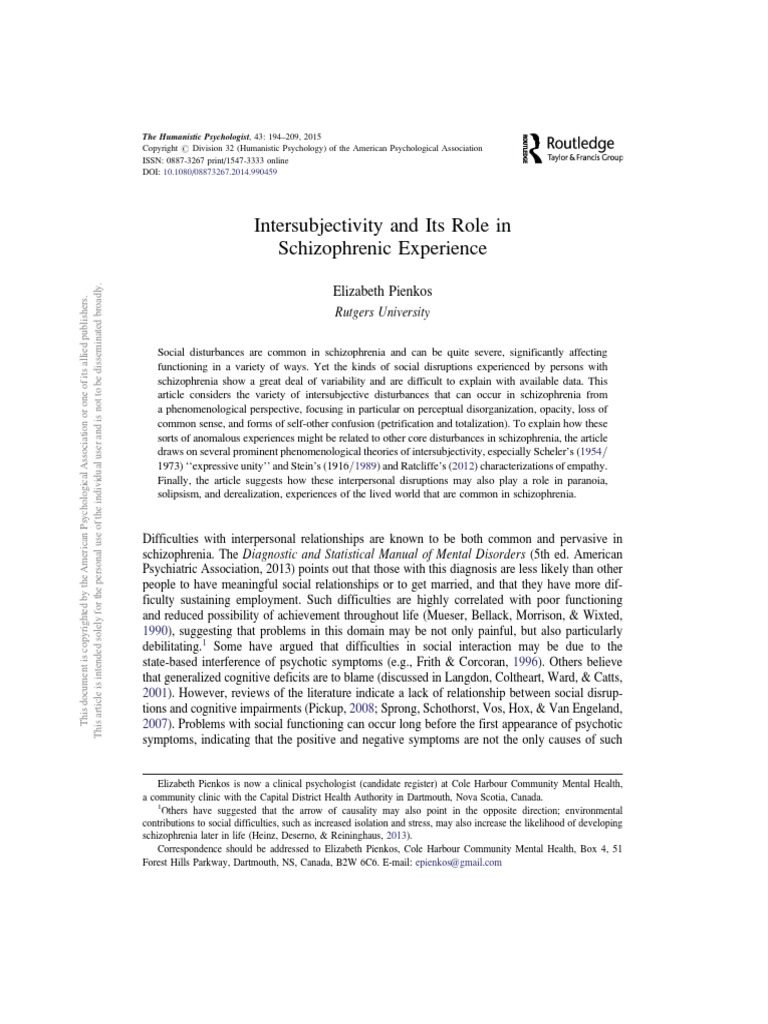 Intersubjectivity and Its Role in Schizophrenic Experience: Elizabeth Pienkos | PDF ...