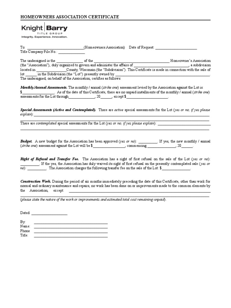 Homeowners Association Certificate | PDF | Government | Business