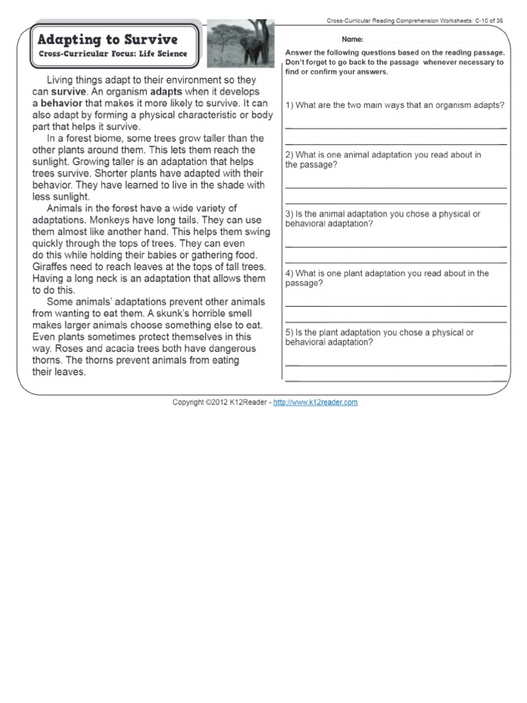 Adapting To Survive - 3rd Grade Reading Comprehension Worksheet | PDF