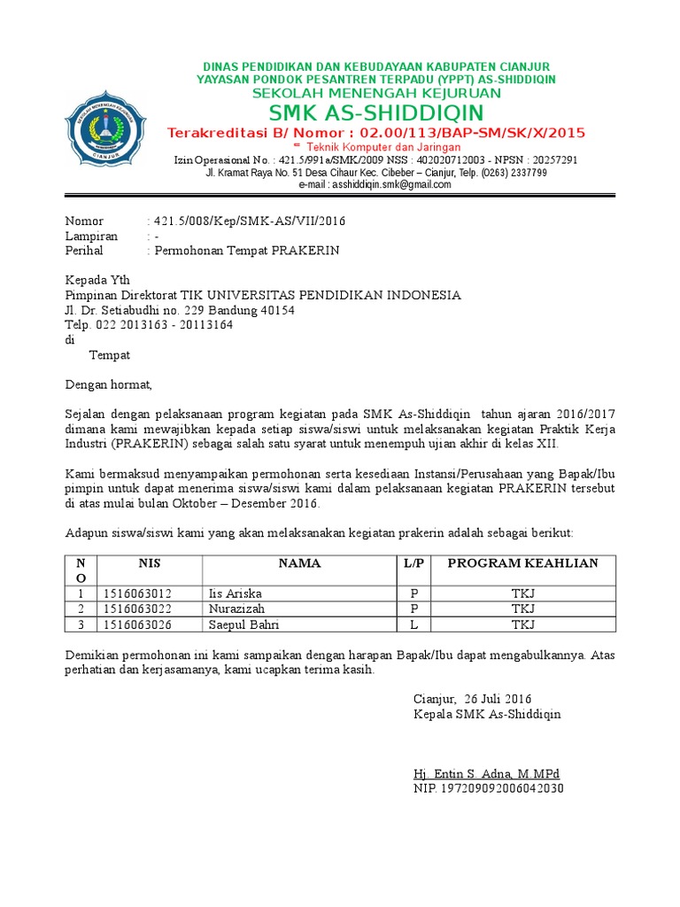 Surat Permohonan Prakerin BDG | PDF
