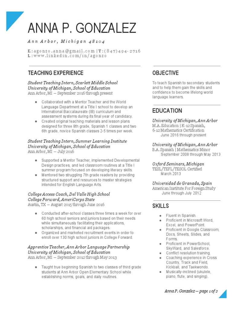 Spanish Teacher Resume Overview | PDF | Sharing | Quality Of Life