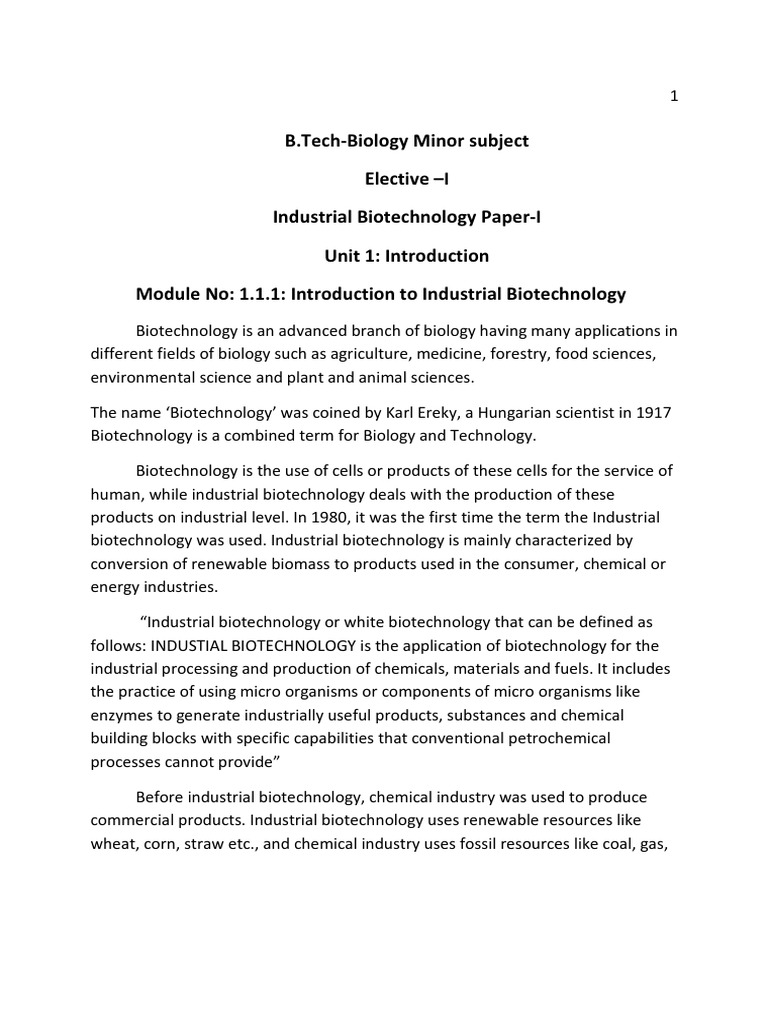 B.Tech-Biology Minor Subject Elective - I Industrial Biotechnology ...
