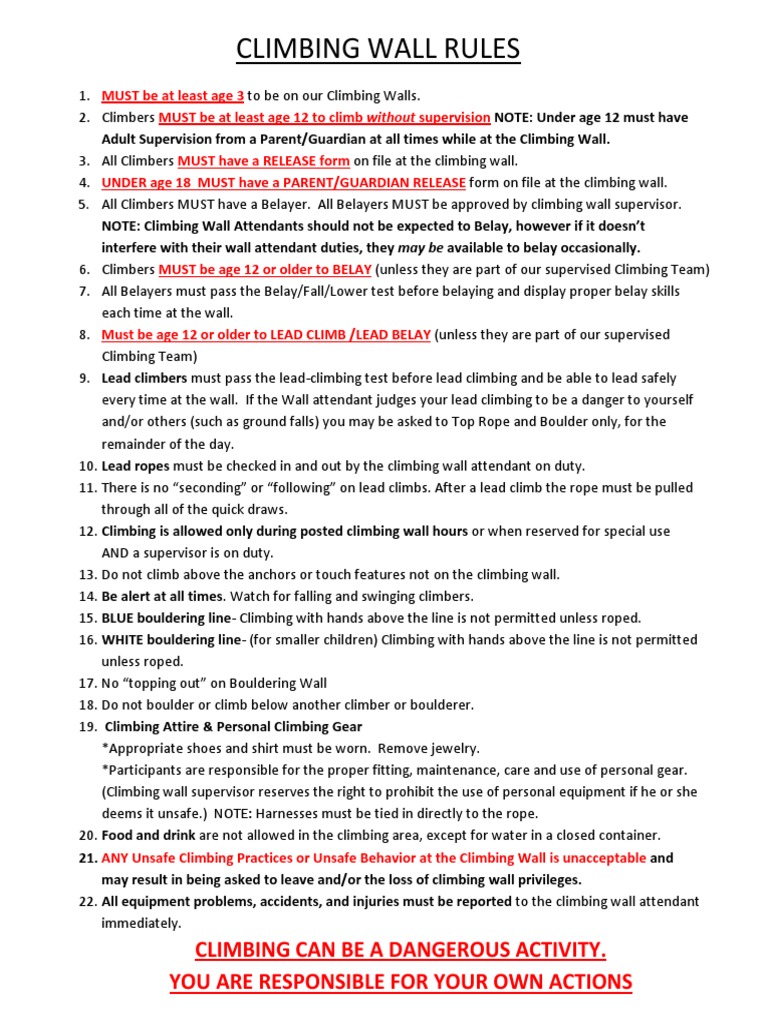 Climbing Wall Rules Summary | PDF | Outdoor Recreation | Adventure Travel
