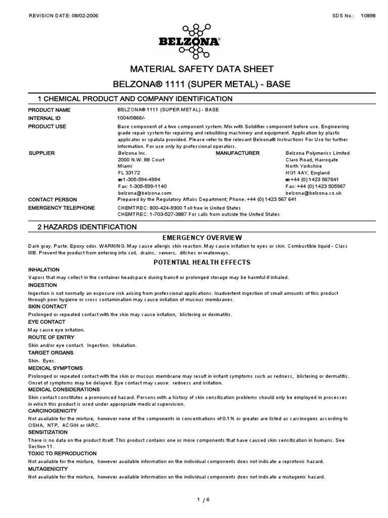 MSDS Belzona | PDF | Toxicity | Firefighting