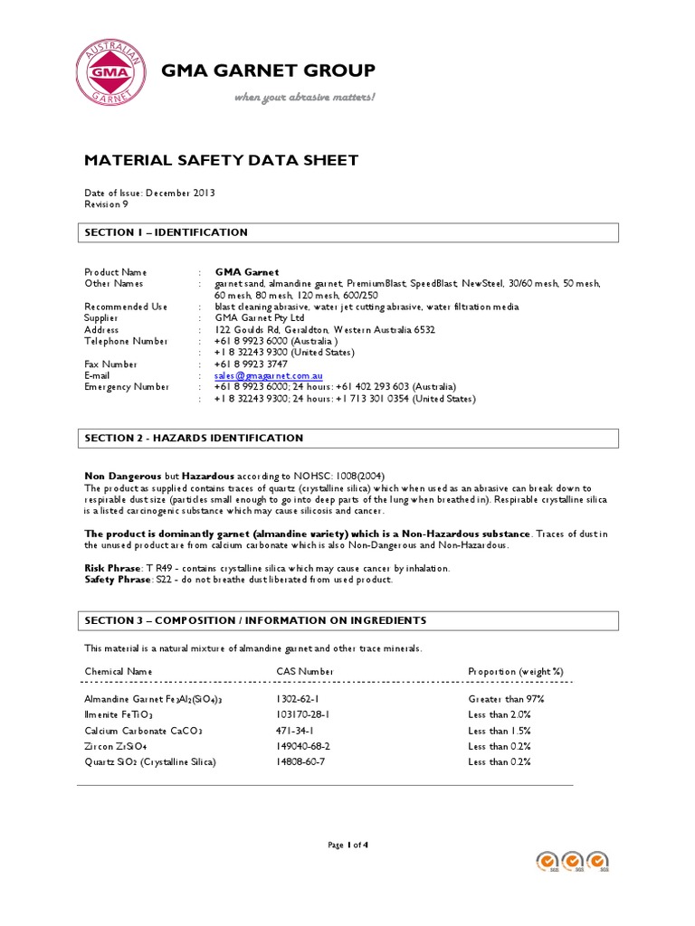 Msds Gma Garnet | PDF | Silicon Dioxide | Chemistry