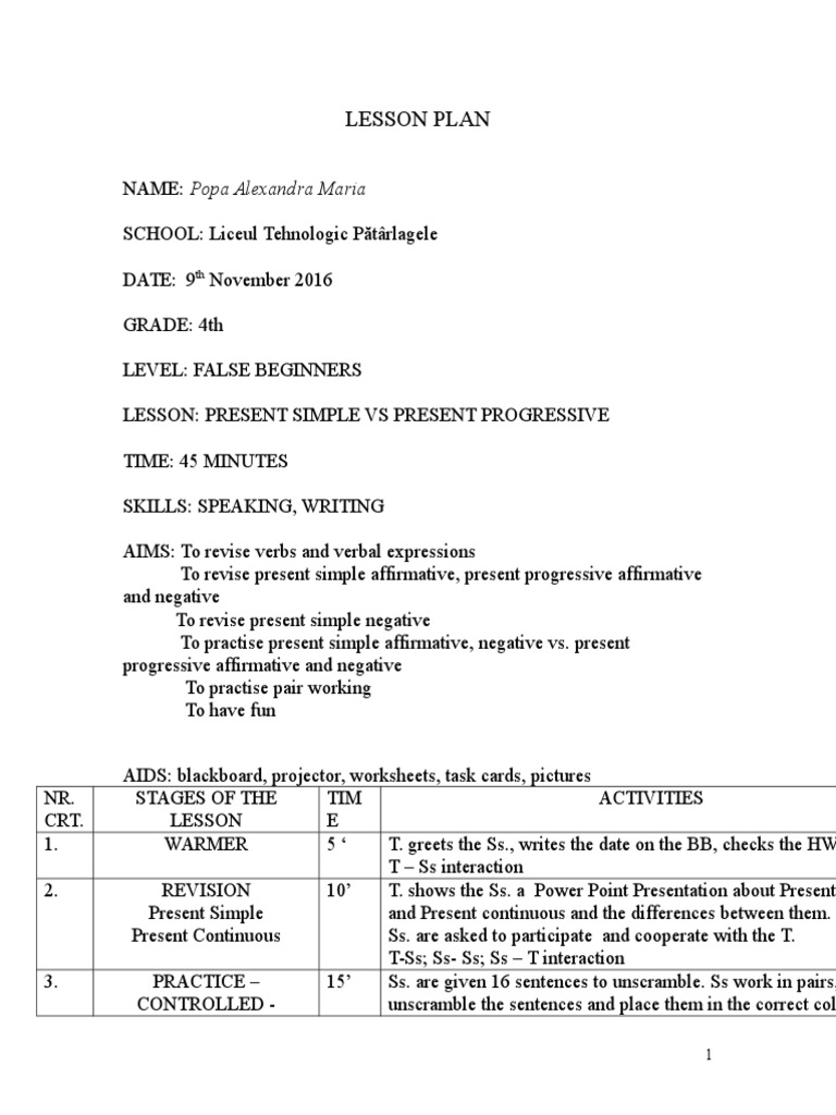 Lesson Plan Present Simple Vs Present Progressive | Download Free PDF ...
