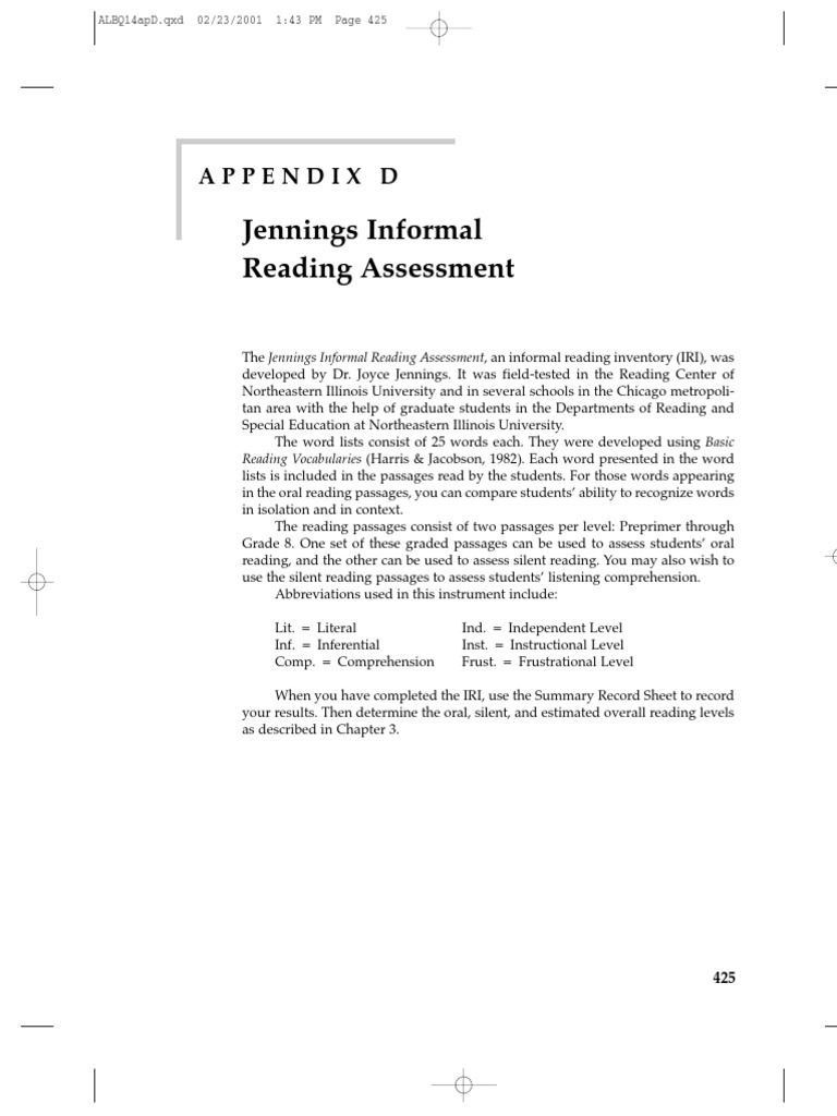 Jennings Informal Reading Assessment | Reading Comprehension | Reading ...