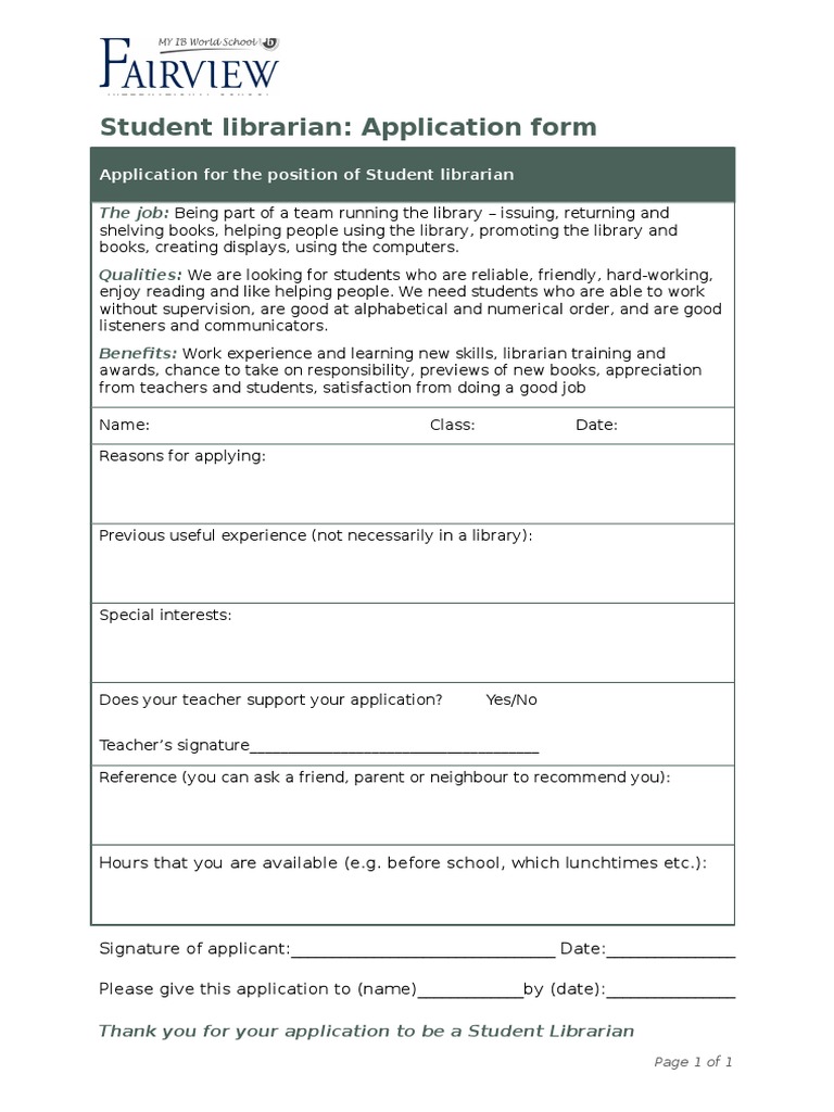 Student Librarian Application Form | PDF | Art