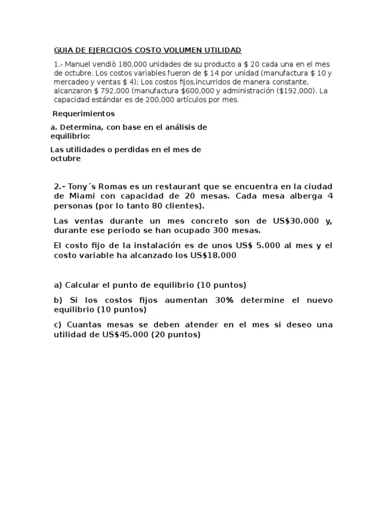 Guia de Ejercicios Costo Volumen Utilidad | PDF | Euro | Ciencias económicas