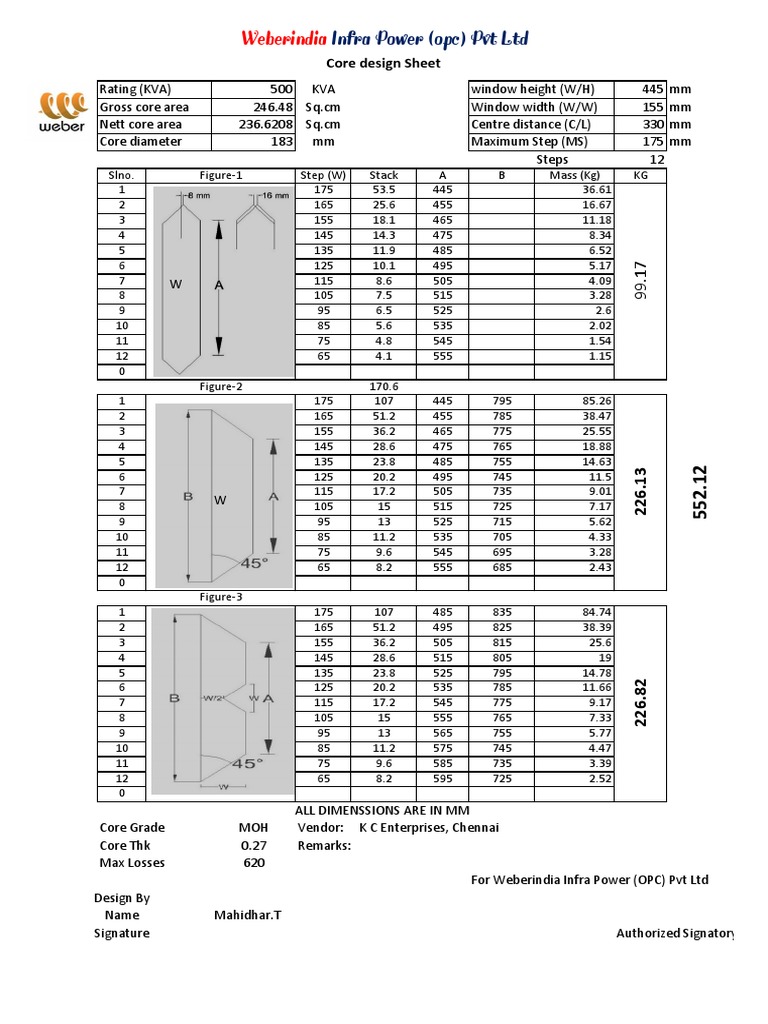 Design of a 500 KVA Transformer Core with Detailed Dimensions and ...