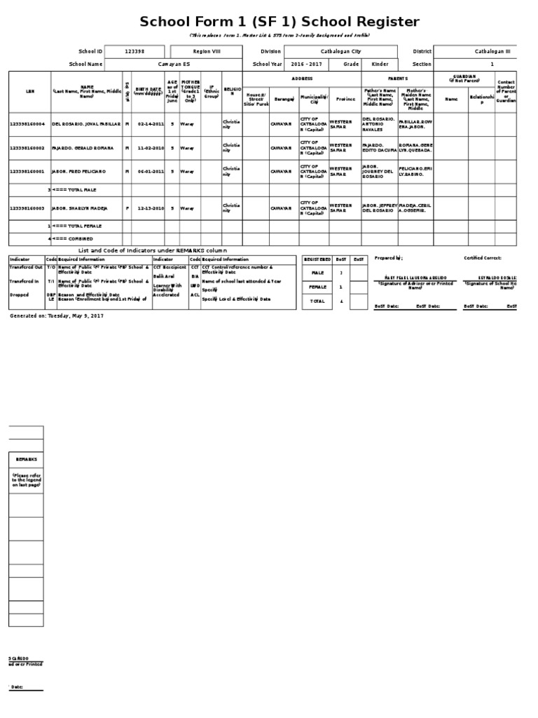 School Form 1 (SF 1) School Register | PDF