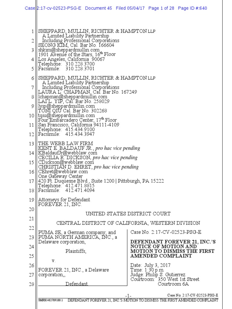PUMA v. Forever 21 - Motion To Dismiss | PDF | Pleading | Federal Rules ...