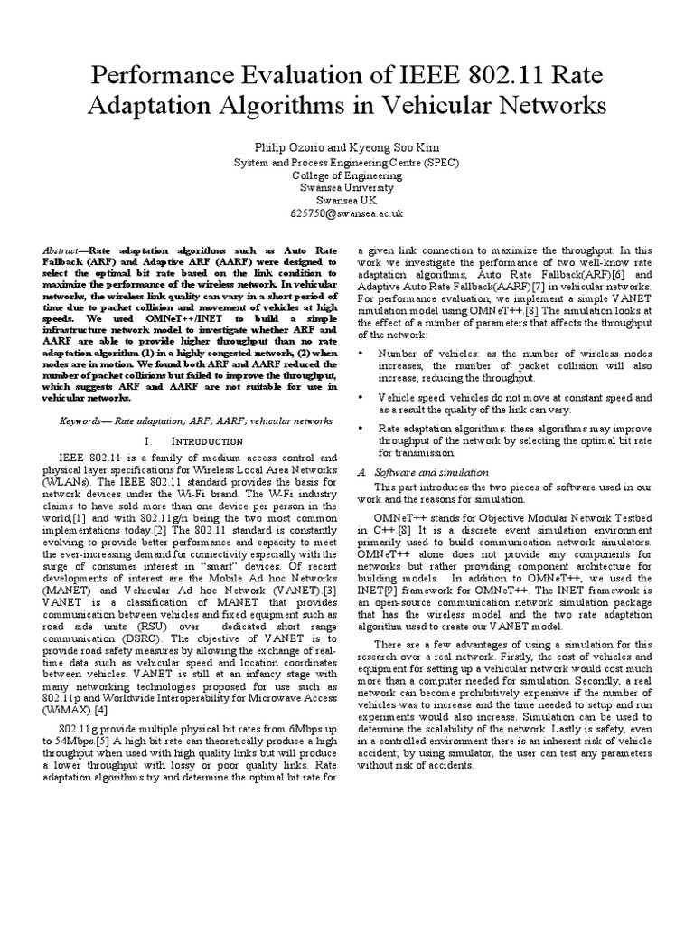 Performance Evaluation of IEEE 802.11 Rate Adaptation Algorithms in Vehicular Networks | PDF ...