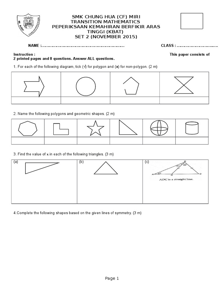 SMK Chung Hua (CF) Miri Transition Mathematics Peperiksaan Kemahiran Berfikir Aras Tinggi (Kbat ...