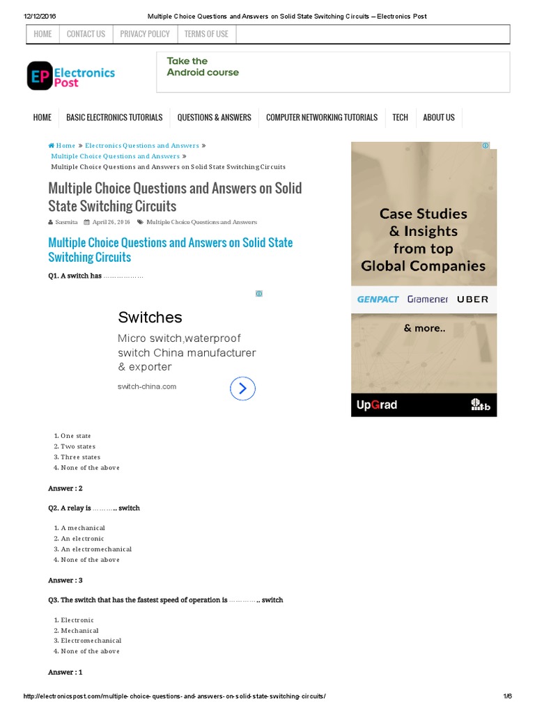 Multiple Choice Questions and Answers On Solid State Switching Circuits - Electronics Post | PDF