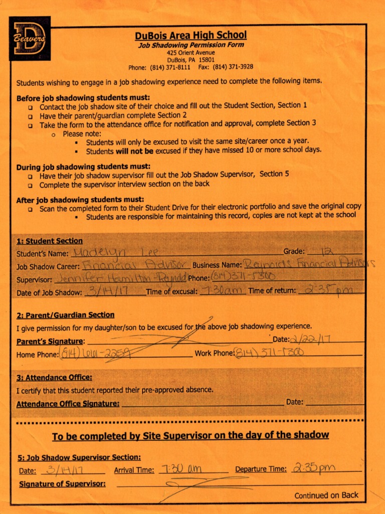 Job Shadowing Permission Form | PDF