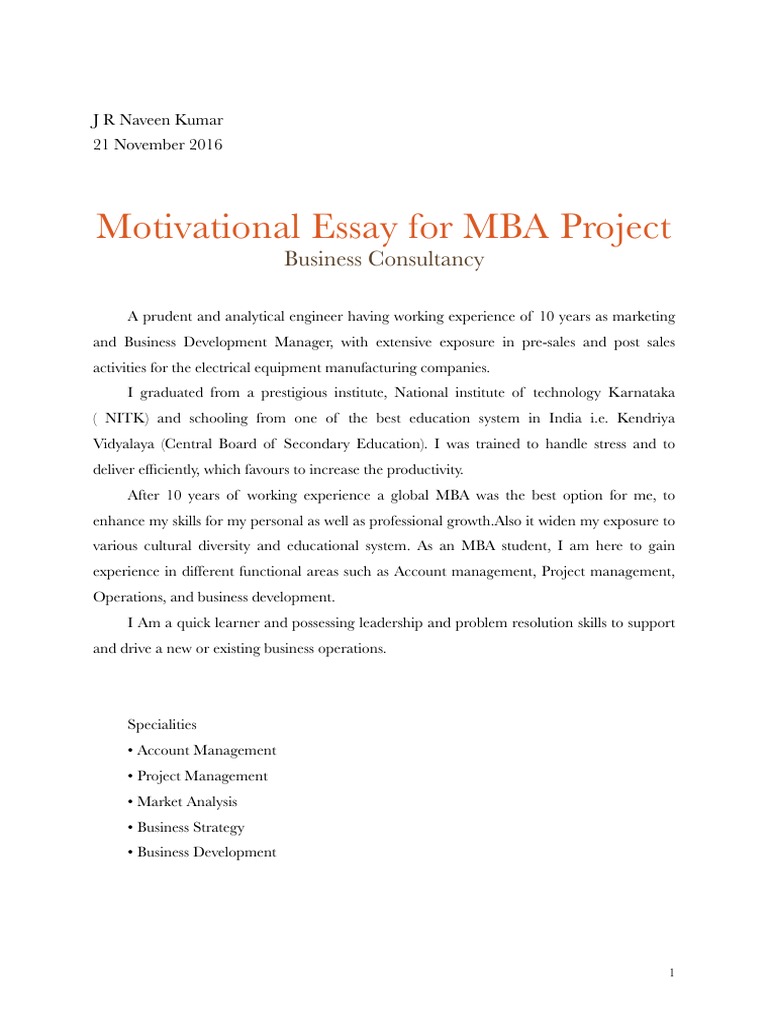 Motivational Essay For MBA Project: Business Consultancy | PDF