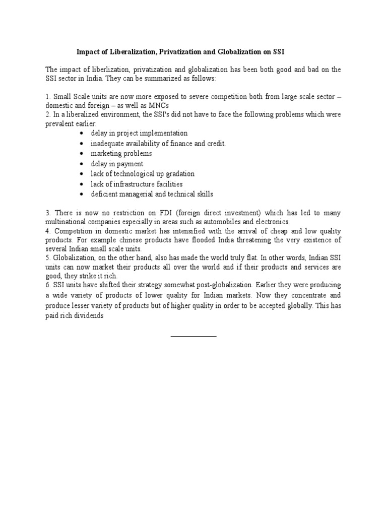 SSI Impact of Liberalization and Globalization | PDF | Multinational ...