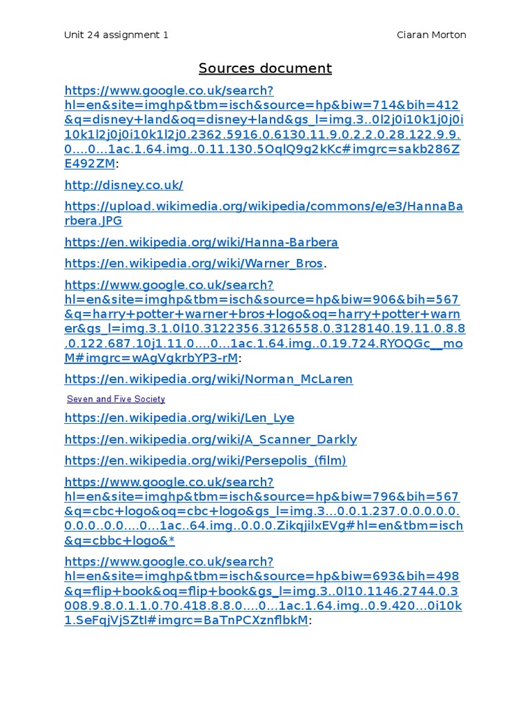 Sources Document: Unit 24 Assignment 1 Ciaran Morton | PDF