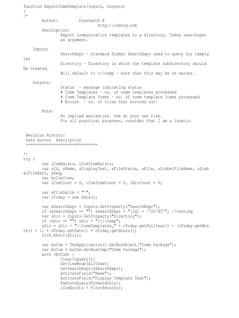 ExportCommTemplate - Siebel EScript Business Service To Export ...