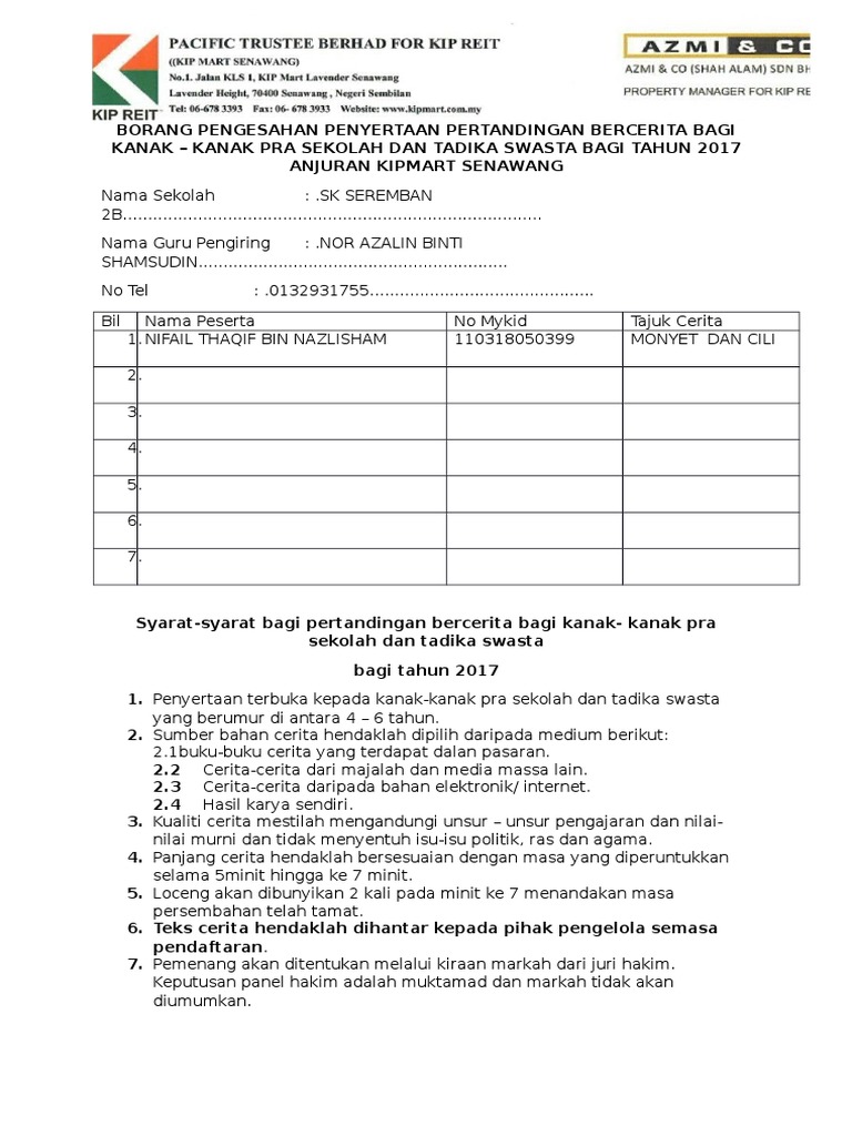 Borang Pengesahan Penyertaan Pertandingan Bercerita Bagi Kanak-3 | PDF