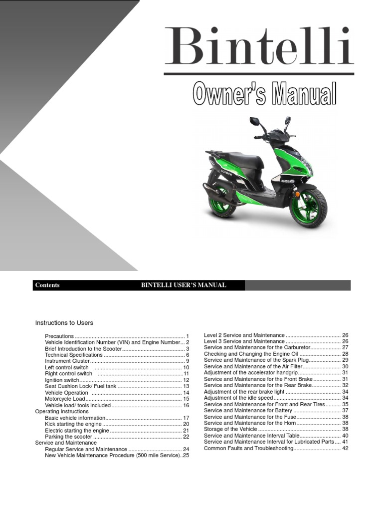 Bintelli Owners Manual | PDF | Manual Transmission | Transmission ...