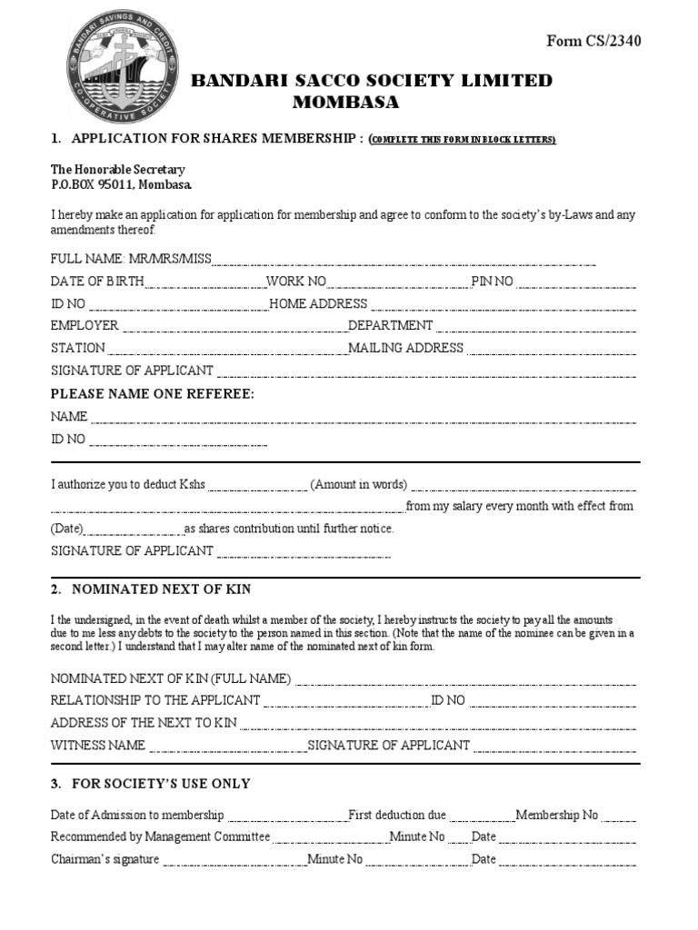 Bandari Sacco Shares Application Form | PDF