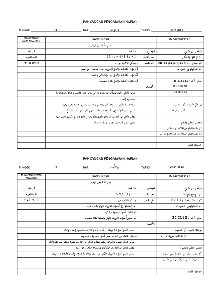 RPH Bahasa Arab Tahun 2 PDF | PDF | Metode & Bahan Ajar