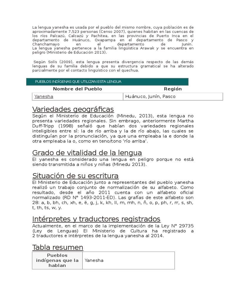 Lengua Yanesha: Peligro y Vitalidad | PDF | Pueblos Indígenas de las ...