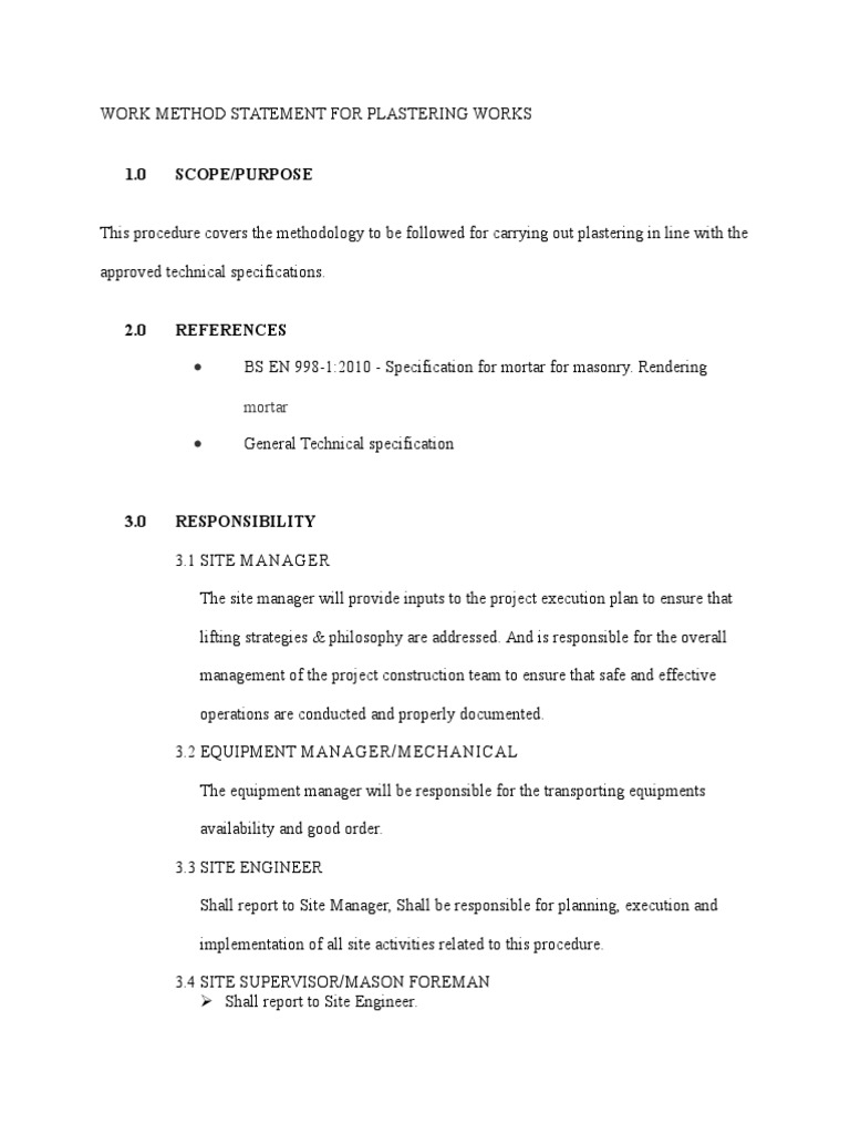 Work Method Statement For Plastering | PDF | Masonry | Plaster