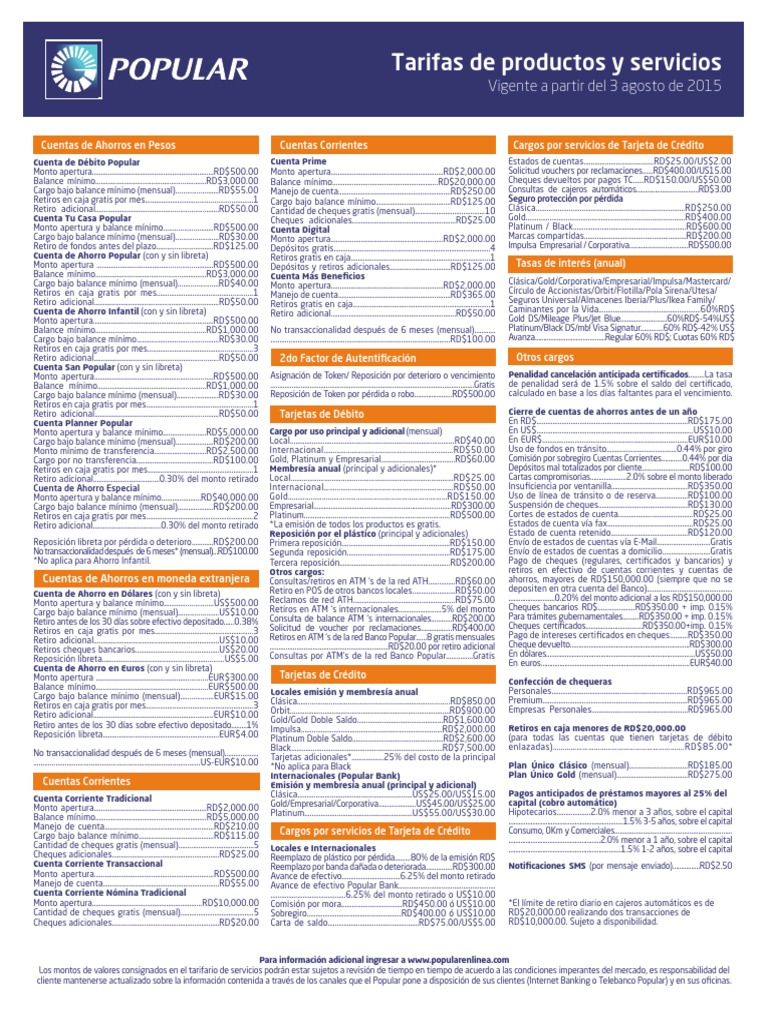 B. Popular - Tarifario de Productos y Serivicios General | PDF | Tarjeta de débito | Bancos