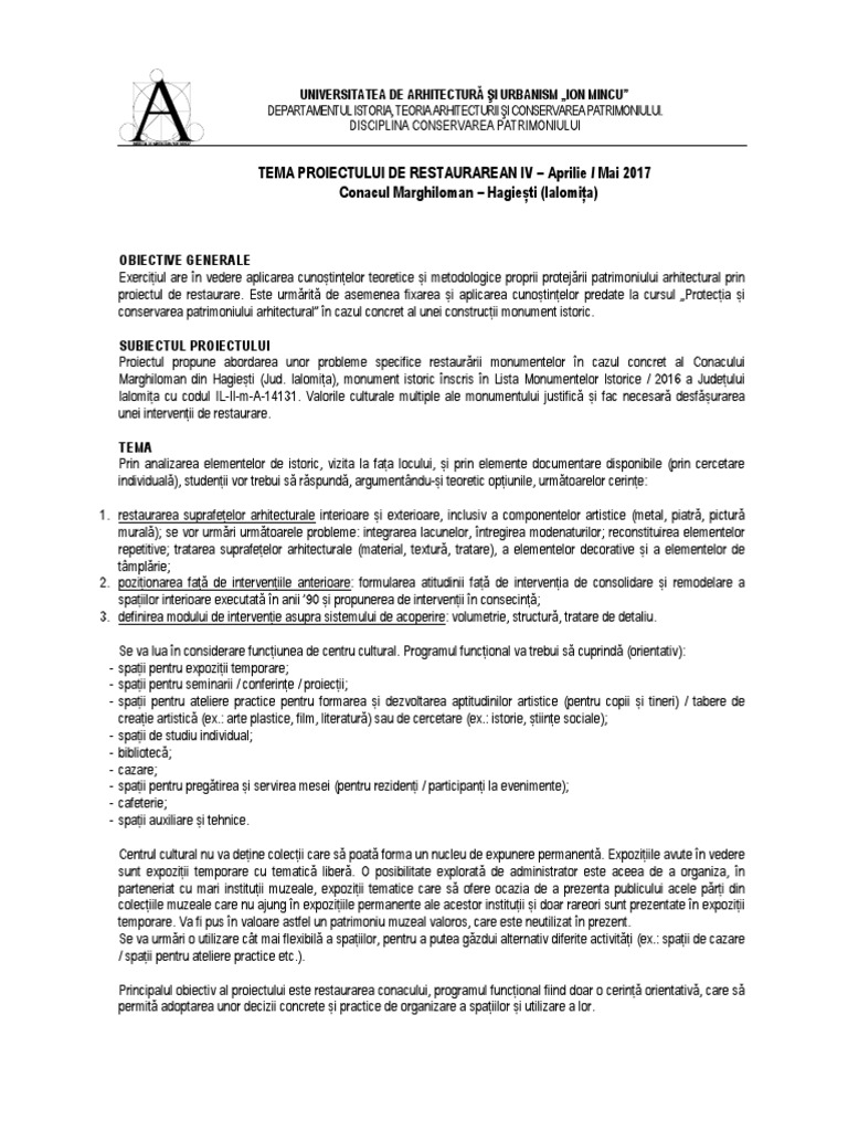Tema Proiect de Restaurare Conacul Marghiloman | PDF