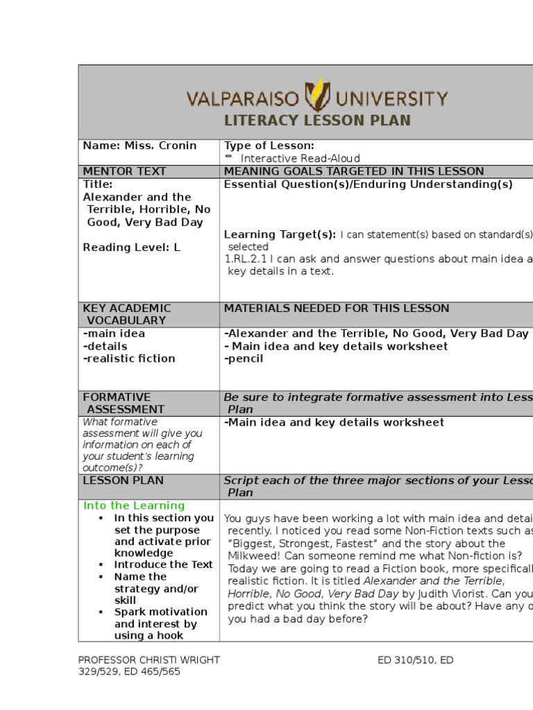 Interactive Read-Aloud Literacy Plan | PDF | Lesson Plan | Educational ...
