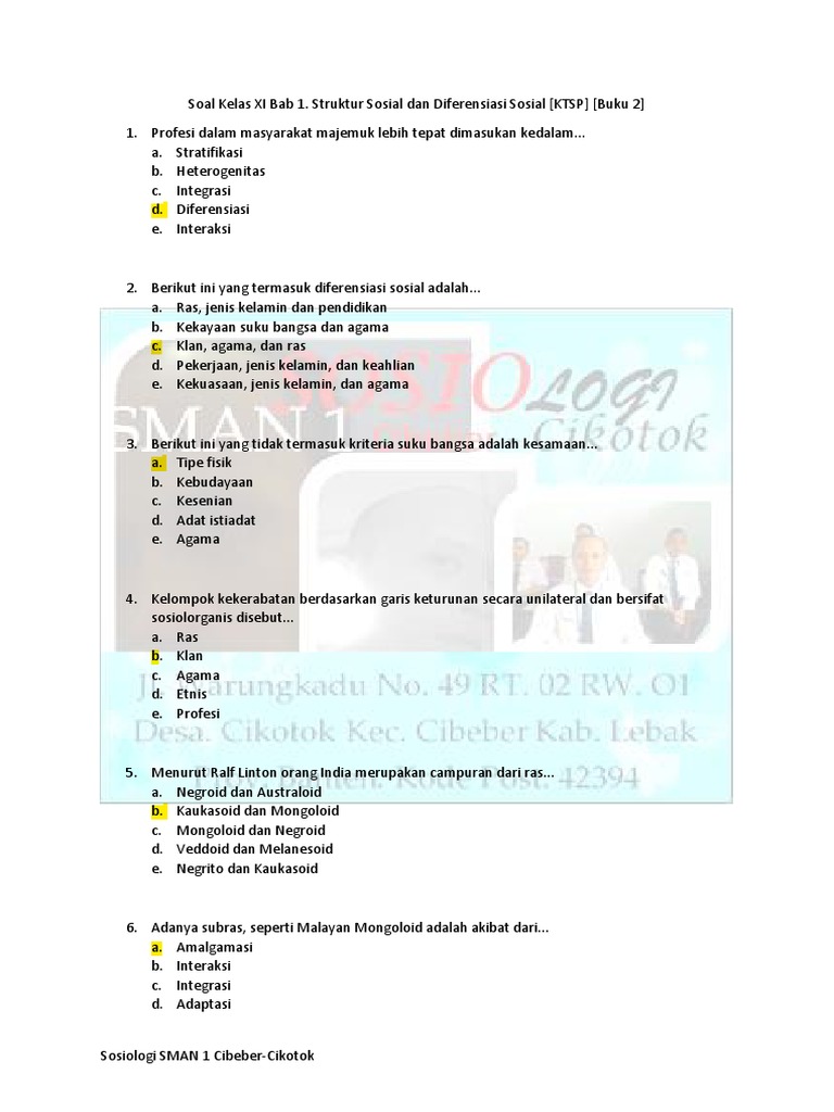 Soal Kelas XI Bab 1. Struktur Sosial Dan Diferensiasi Sosial (KTSP) (Buku 2) PDF | PDF | Ilmu Sosial